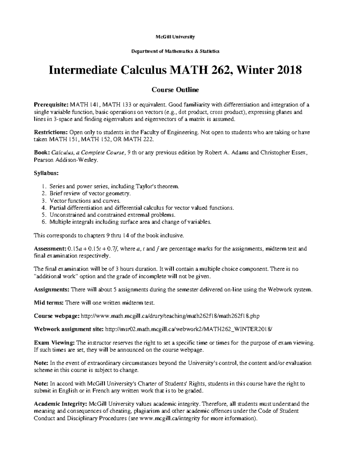 MATH 262 Course Outline: Intermediate Calculus - Winter 2018 - Studocu