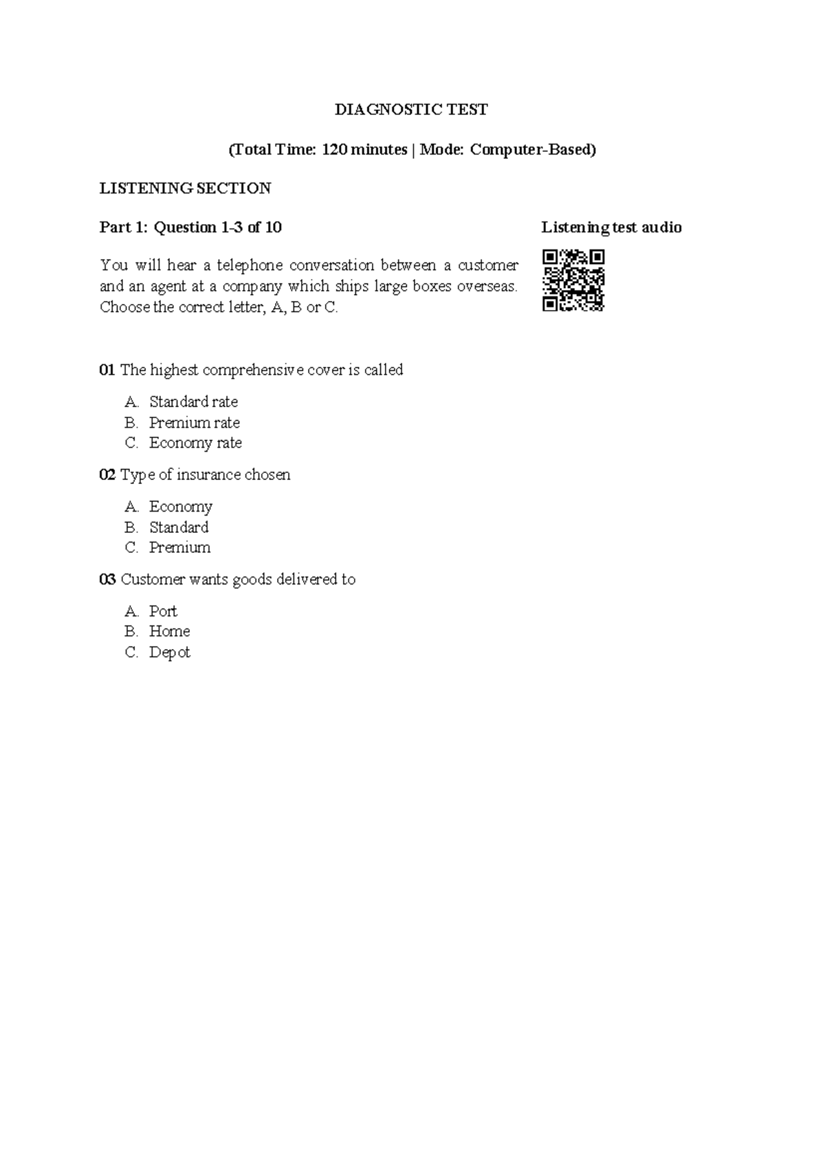 Diagnostic Test: Listening & Reading Sections Overview - Studocu