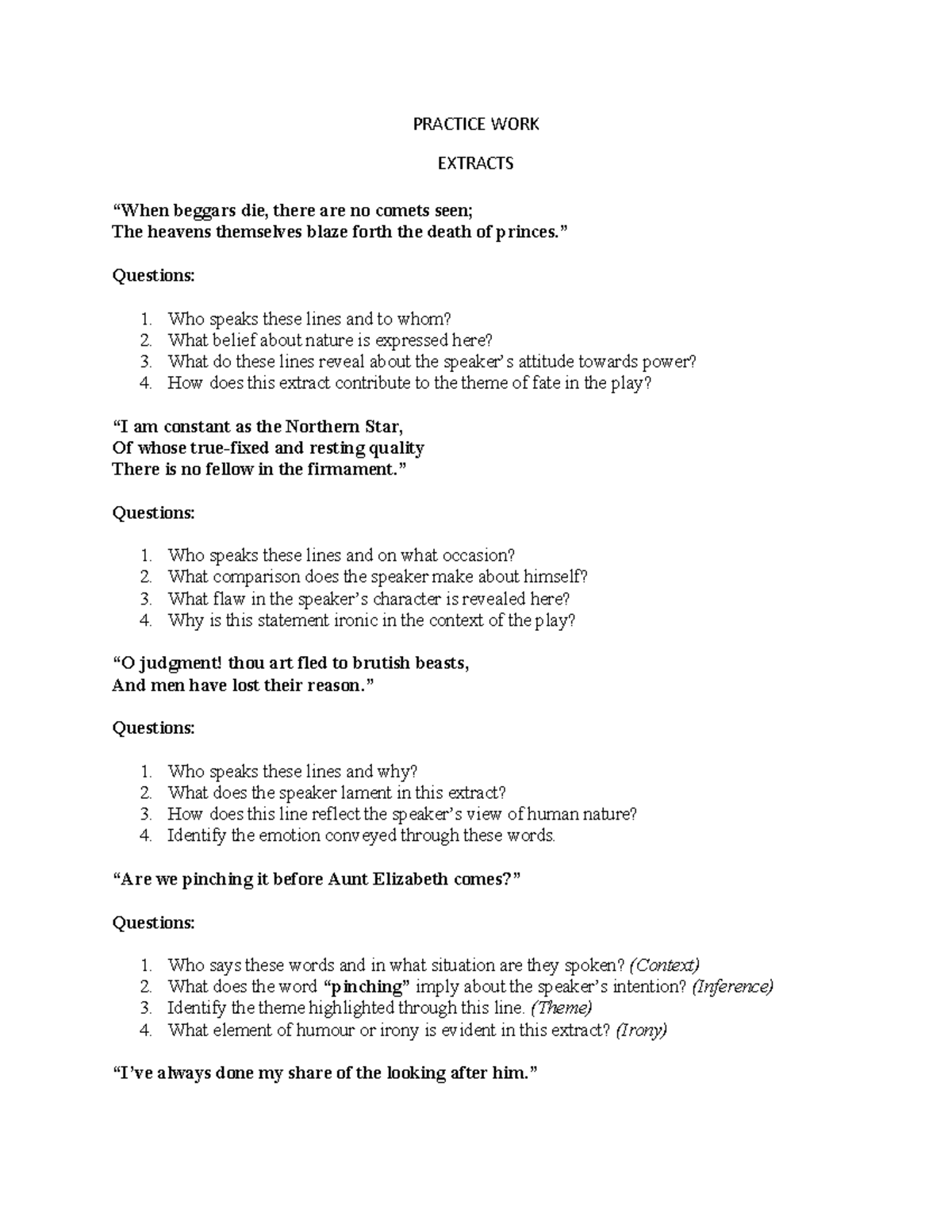 ENG 101: Practice Work Extracts on Themes and Literary Devices - Studocu