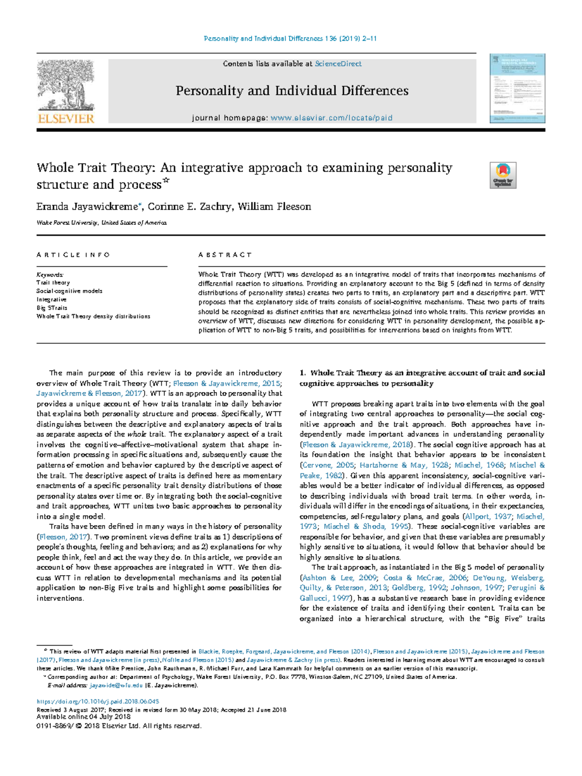 Whole Trait Theory: Integrating Personality Structure and Mechanisms ...