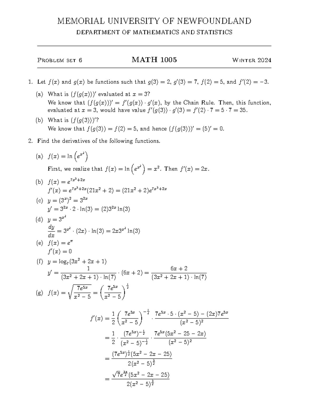 Problem set 6 solutions - MEMORIAL UNIVERSITY OF NEWFOUNDLAND ...