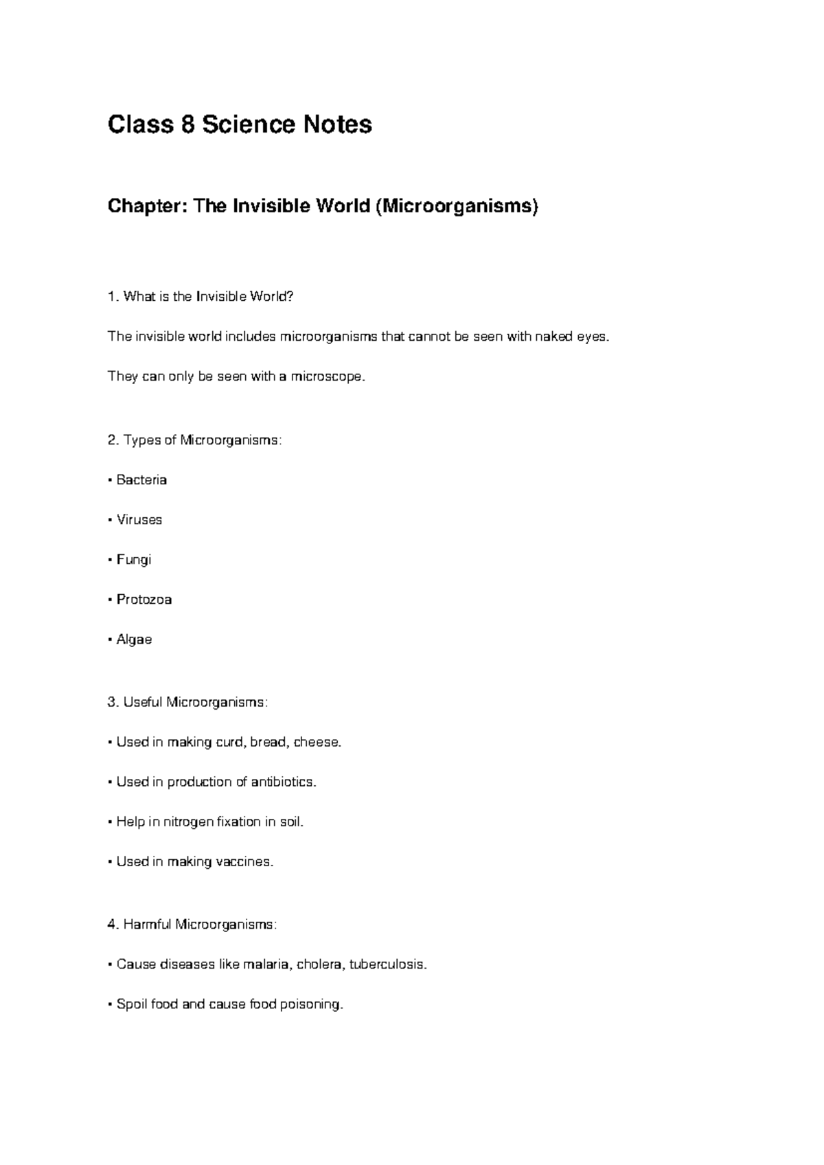 Class 8 Science Notes: The Invisible World of Microorganisms - Studocu
