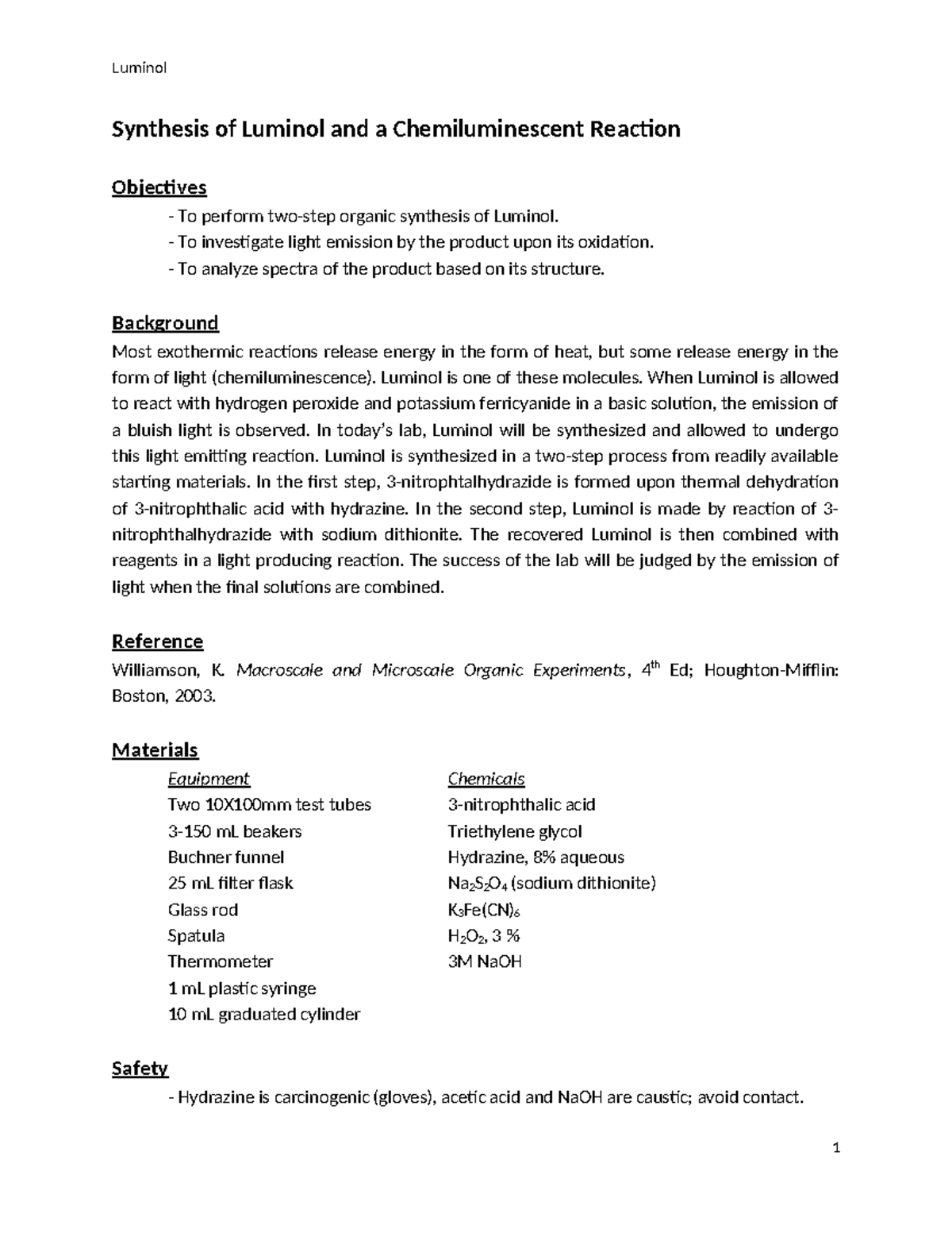 03 - Lab Report on Luminol Synthesis and Chemiluminescent Reaction ...