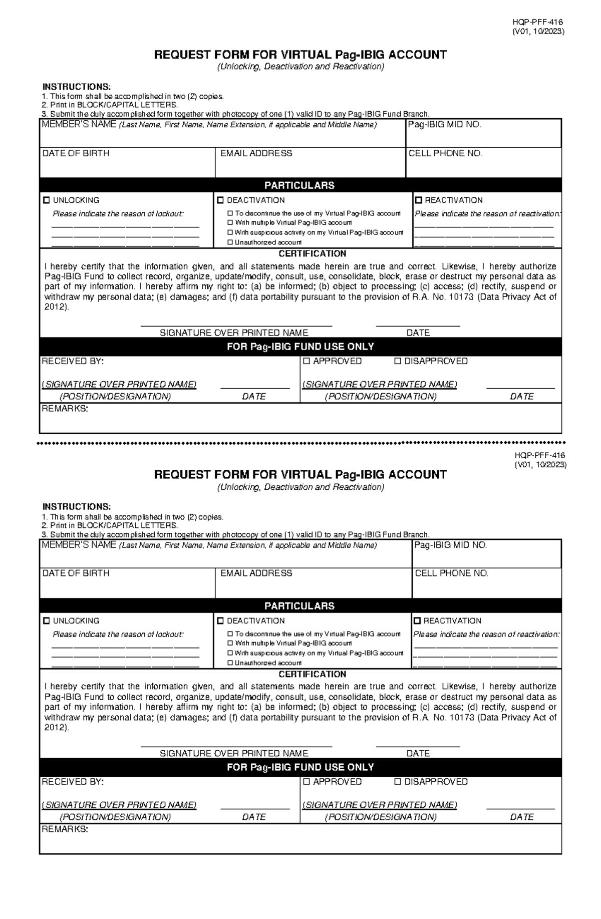 PFF416 Request Form for Virtual Pag-IBIG Account (Unlock/Reactivation ...