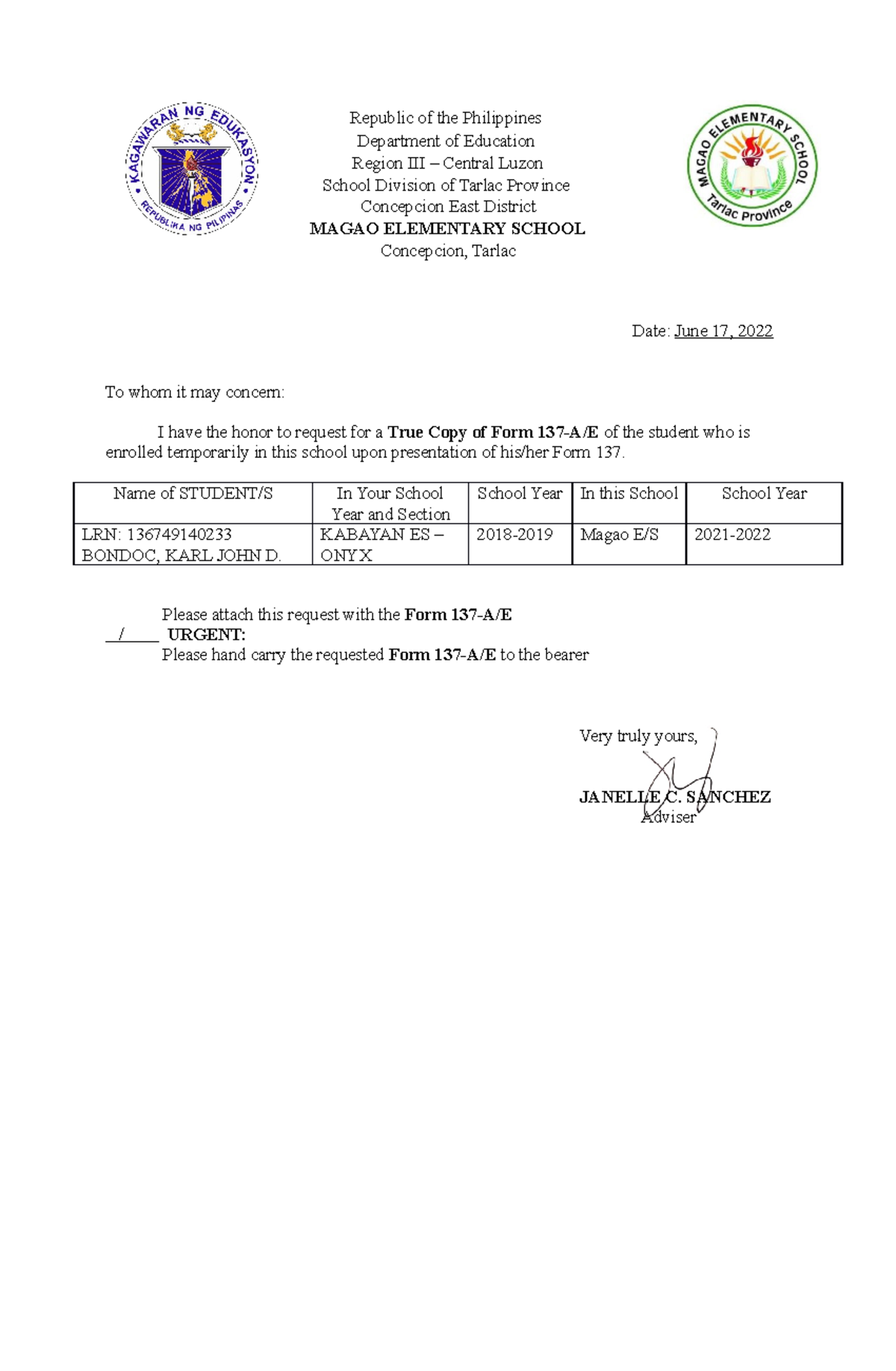 Request for True Copy of Form 137-A/E - Magao ES - Studocu