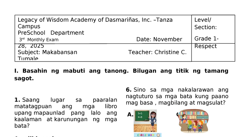 3rd Monthly Exam - Makabansa (Grade 1) at Legacy of Wisdom Academy ...