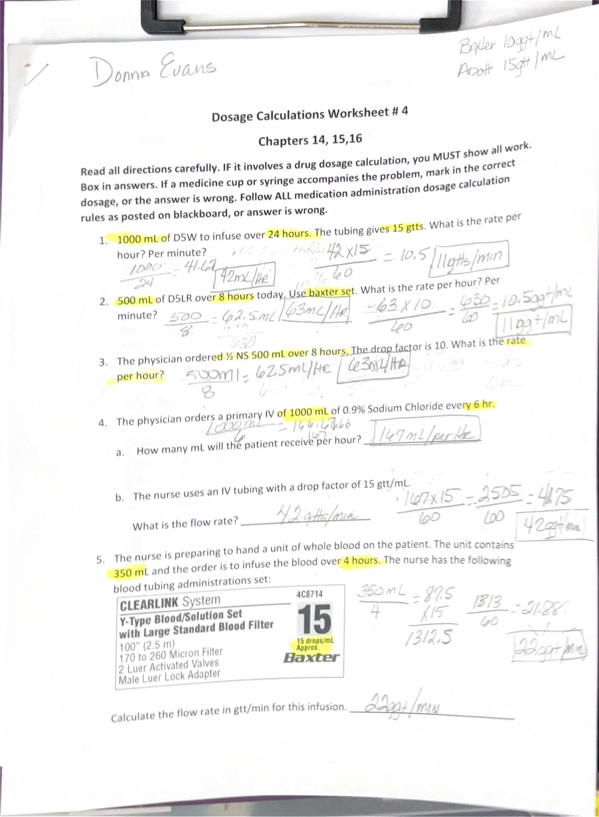 Dosage Calculations Worksheet 4: Chapters 14-16 for Course CODE 101 ...