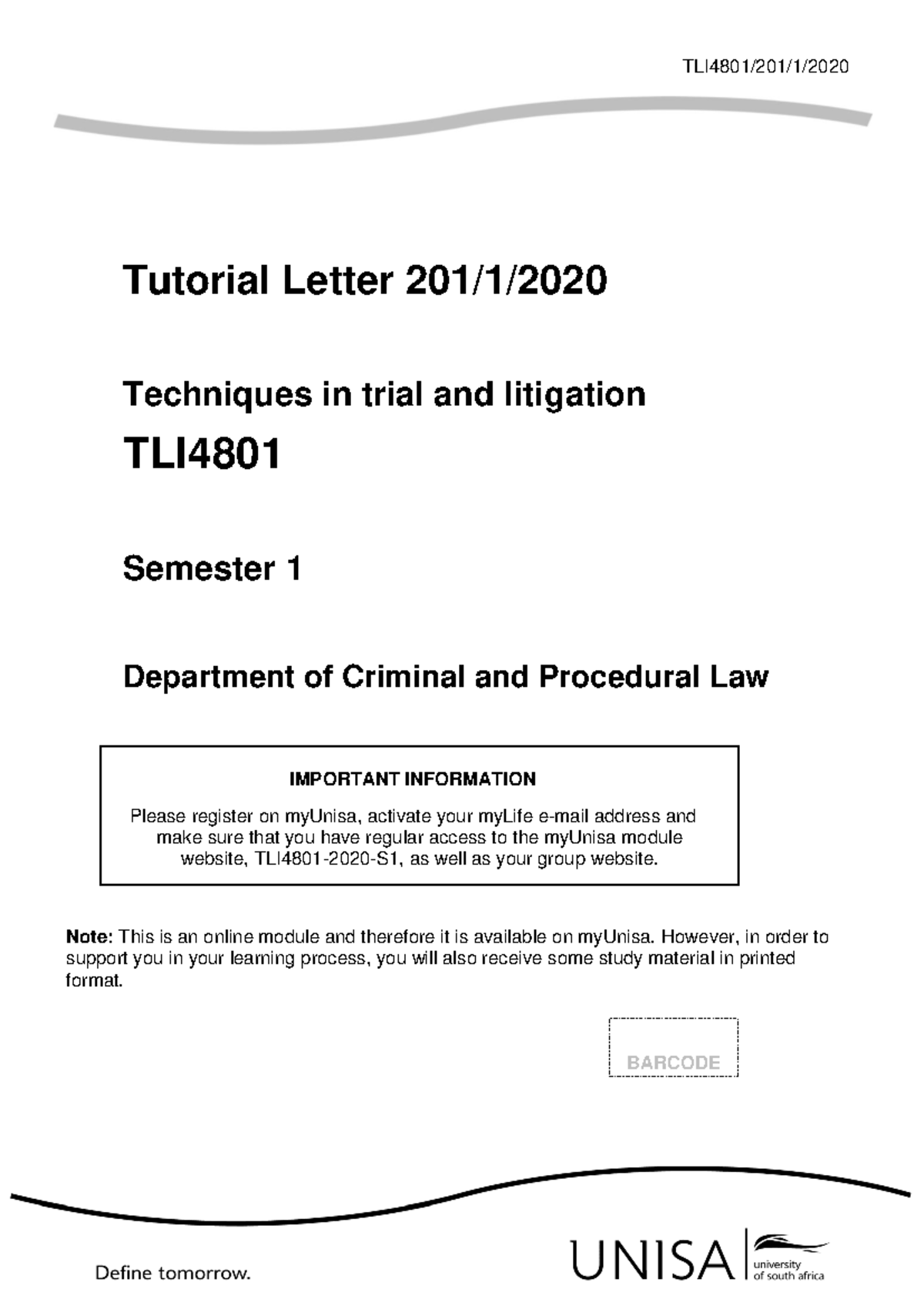 TLI4801 Tutorial Letters for Trial & Litigation Sem 1 & 2 2020 - Studocu