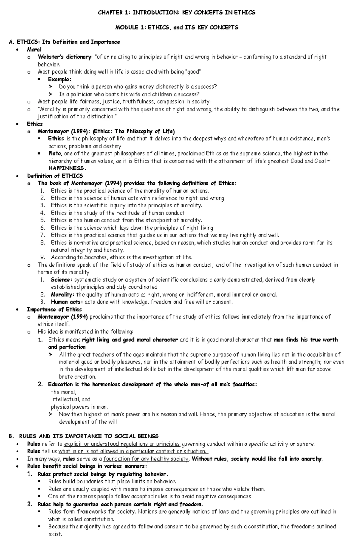 Ethics - Midterm Lecture Notes (Course Code: ETH101) - Studocu