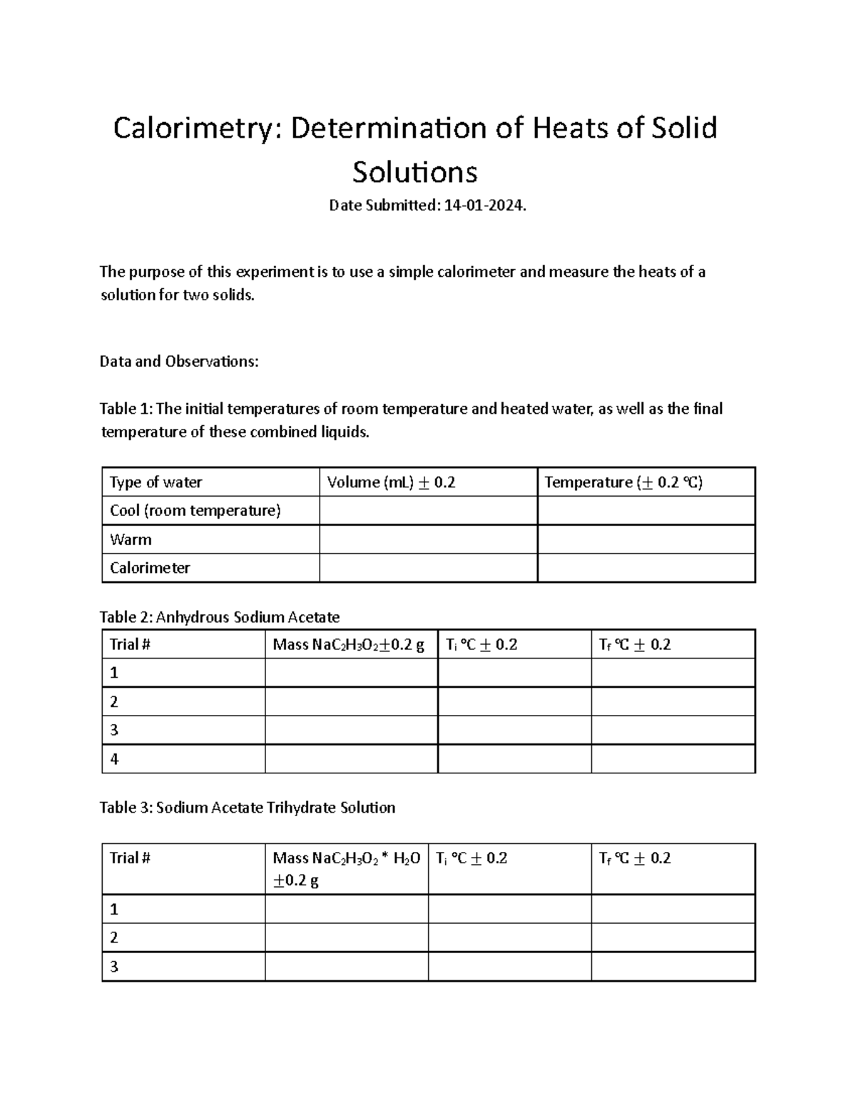 Cal (Pre Lab) - Exploring Heats of Solid in Calorimetry Experiment ...