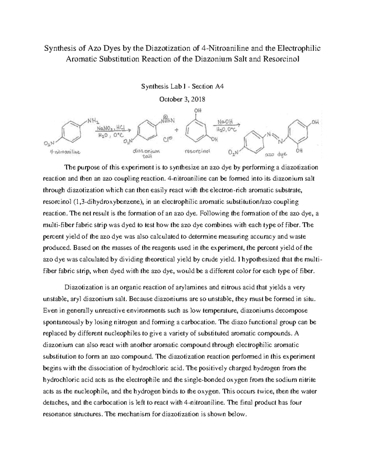 Synthesis of Azo Dyes: Experiment 5 Partial Lab Report - Studocu