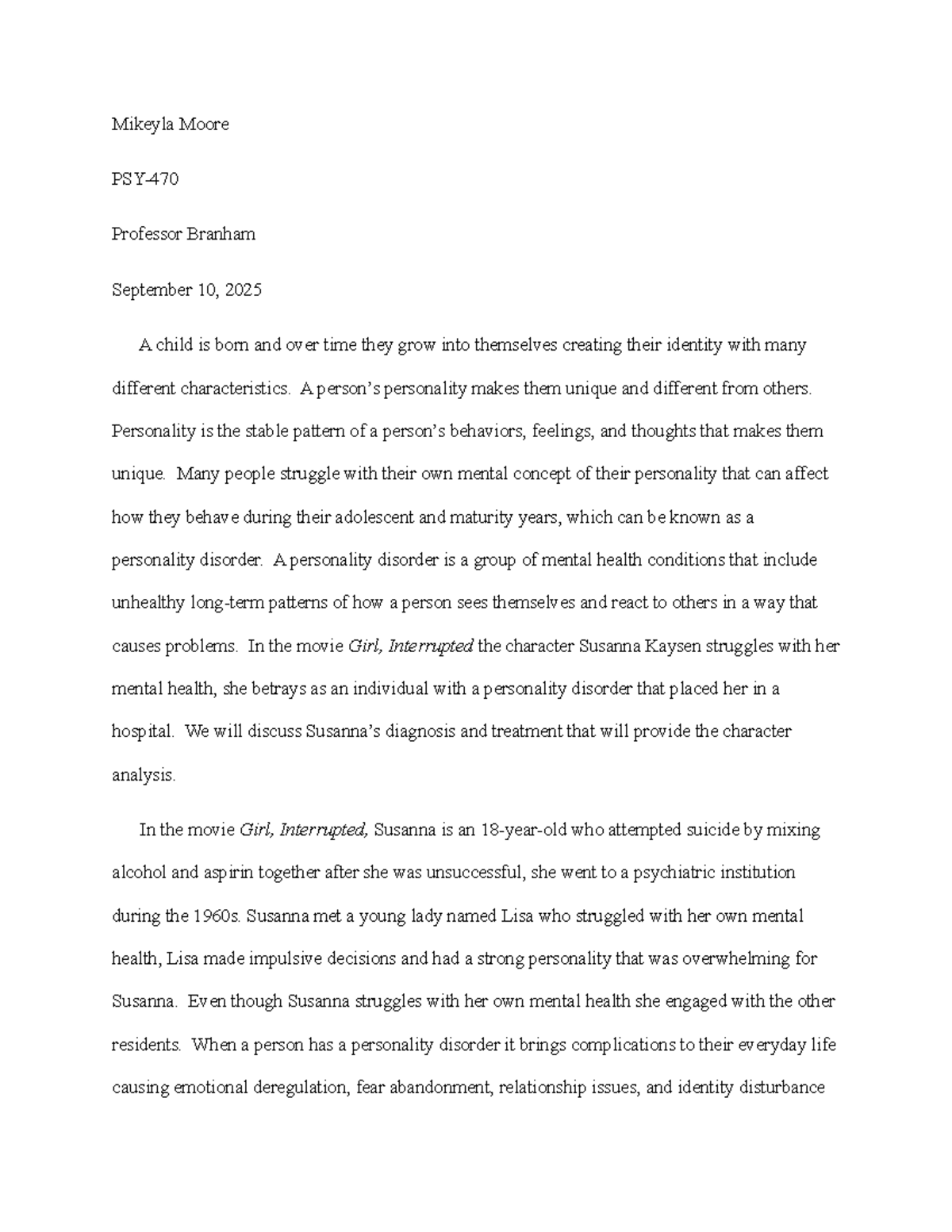 Character Analysis of Susanna Kaysen in Girl, Interrupted (PSY 101 ...