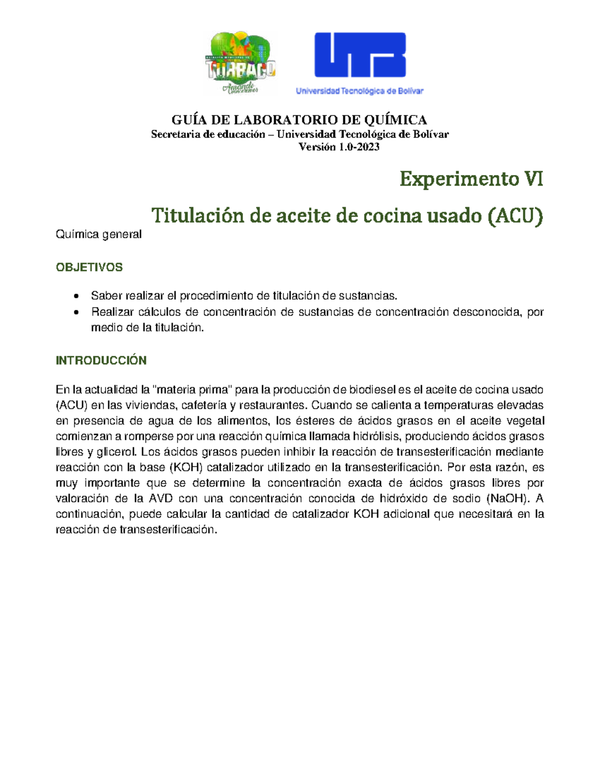 GUÍA DE LABORATORIO: Titulación de Aceite de Cocina Usado (ACU) - Studocu
