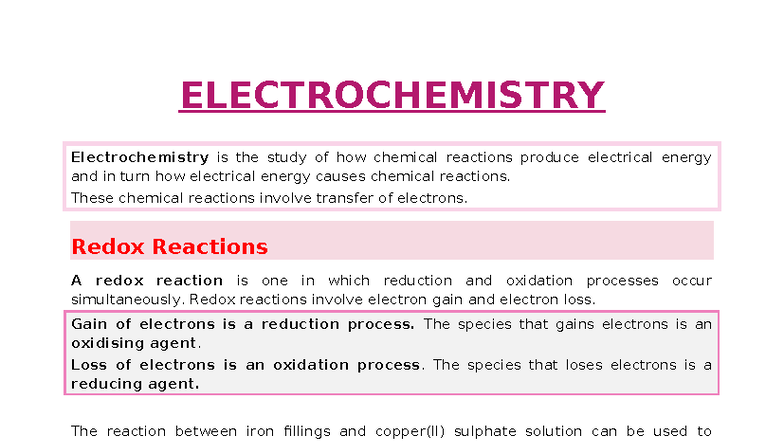 ELECTROCHEMISTRY: Understanding Redox Reactions and Electrochemical ...