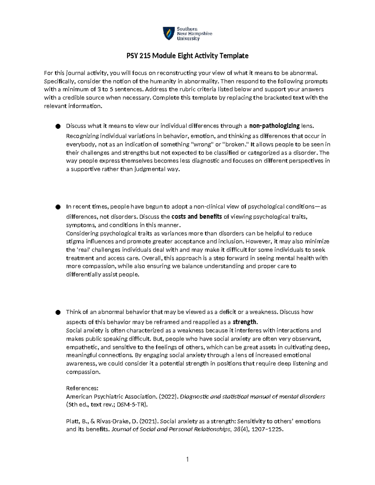 PSY 215 Journal Activity: Reframing Abnormality and Strengths - Studocu