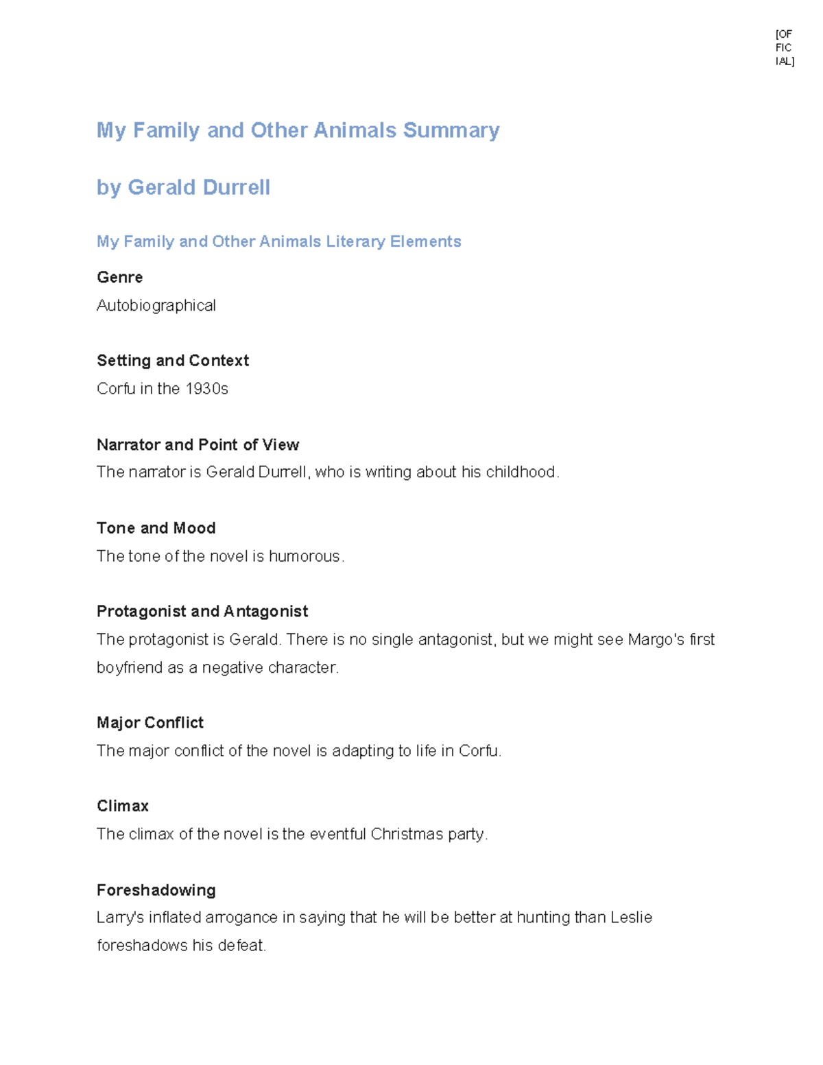 My Family and Other Animals (FIC IAL) Summary and Analysis - Studocu