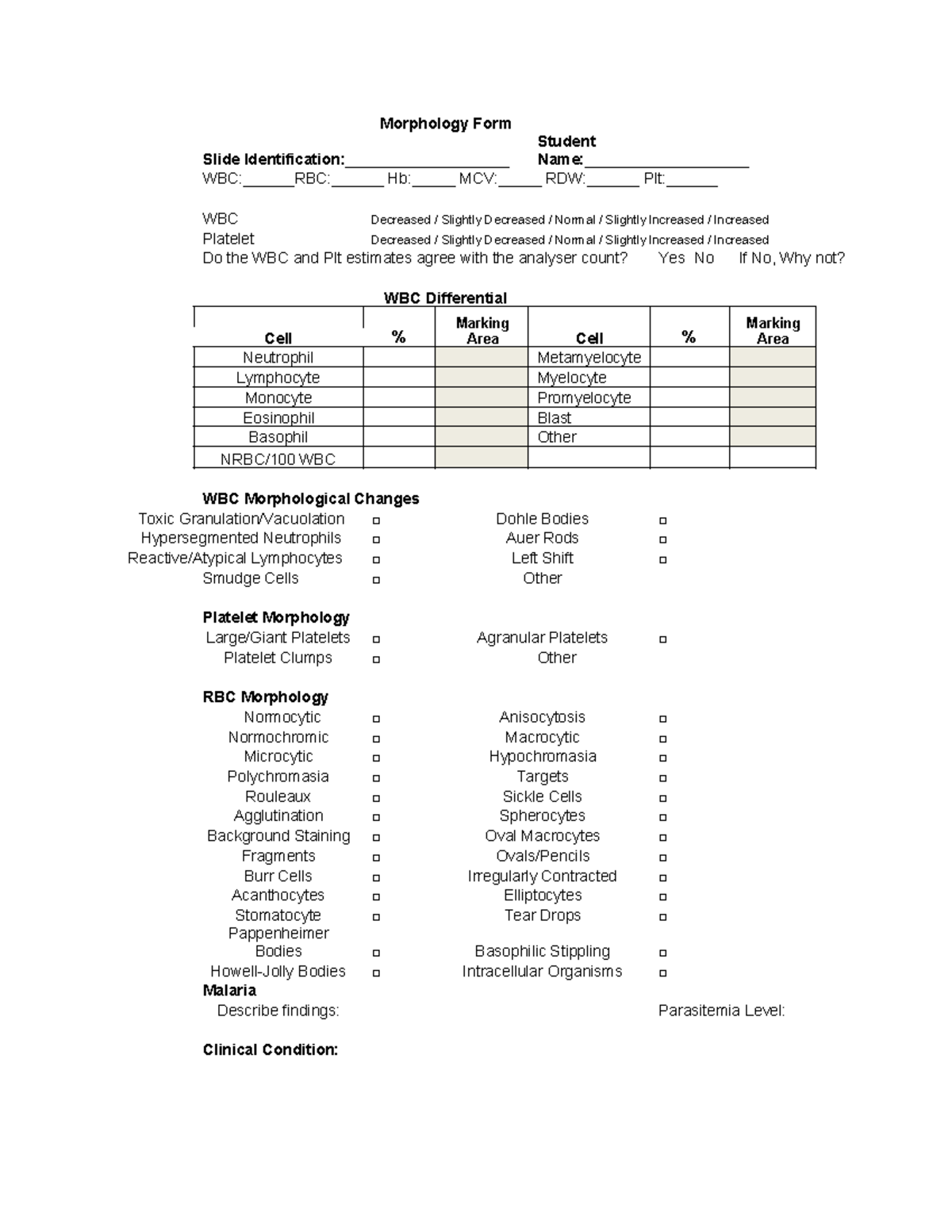 Morphology Form 2018: WBC & Platelet Analysis Report - Studocu