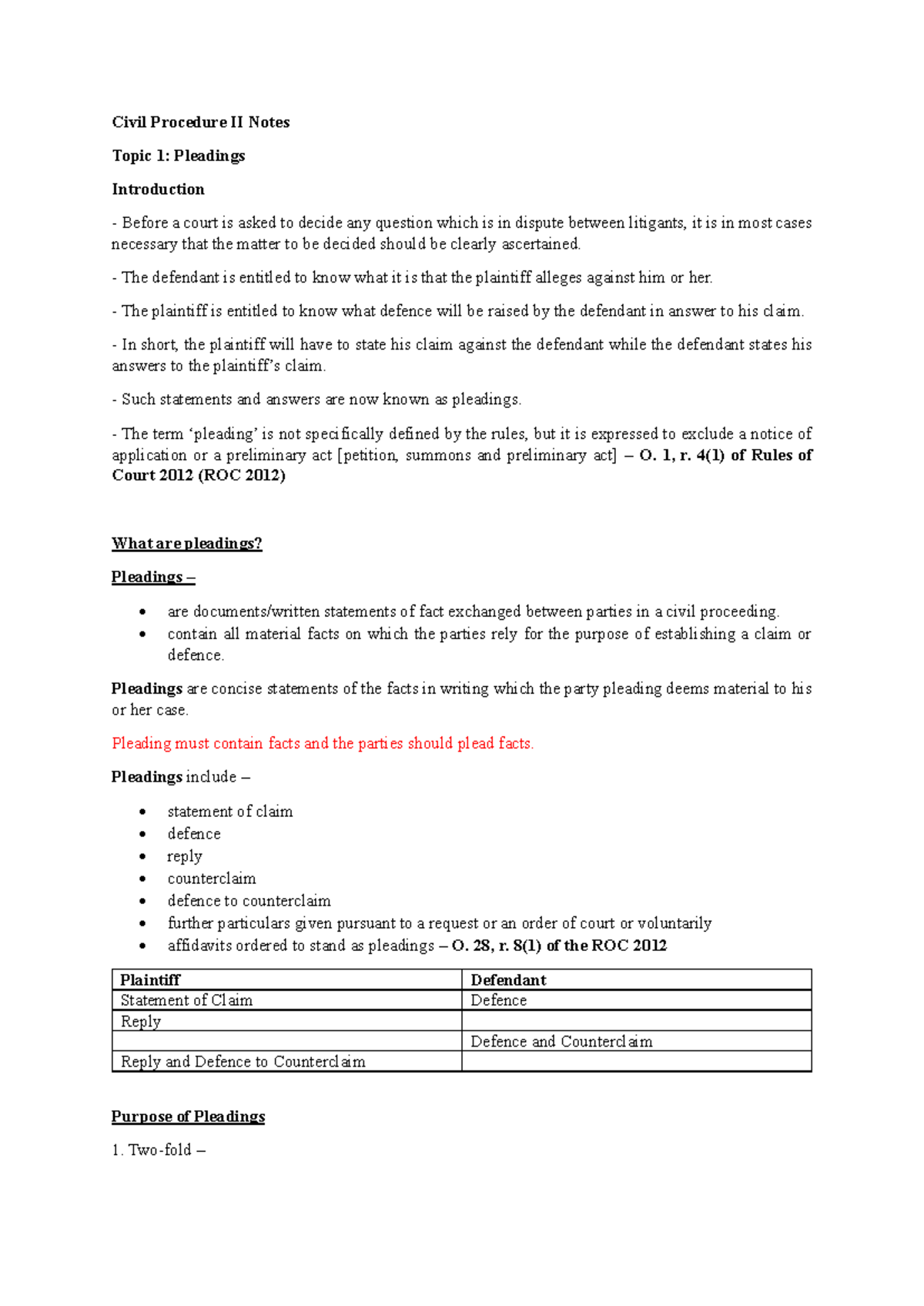 Civil Procedure II Notes: Understanding Pleadings and Their Functions ...