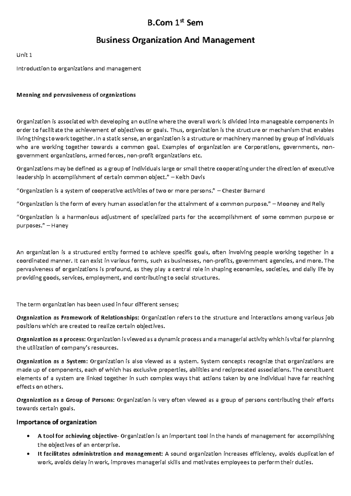 B.Com 1st Sem - Unit 1: Business Organization & Management Notes - Studocu