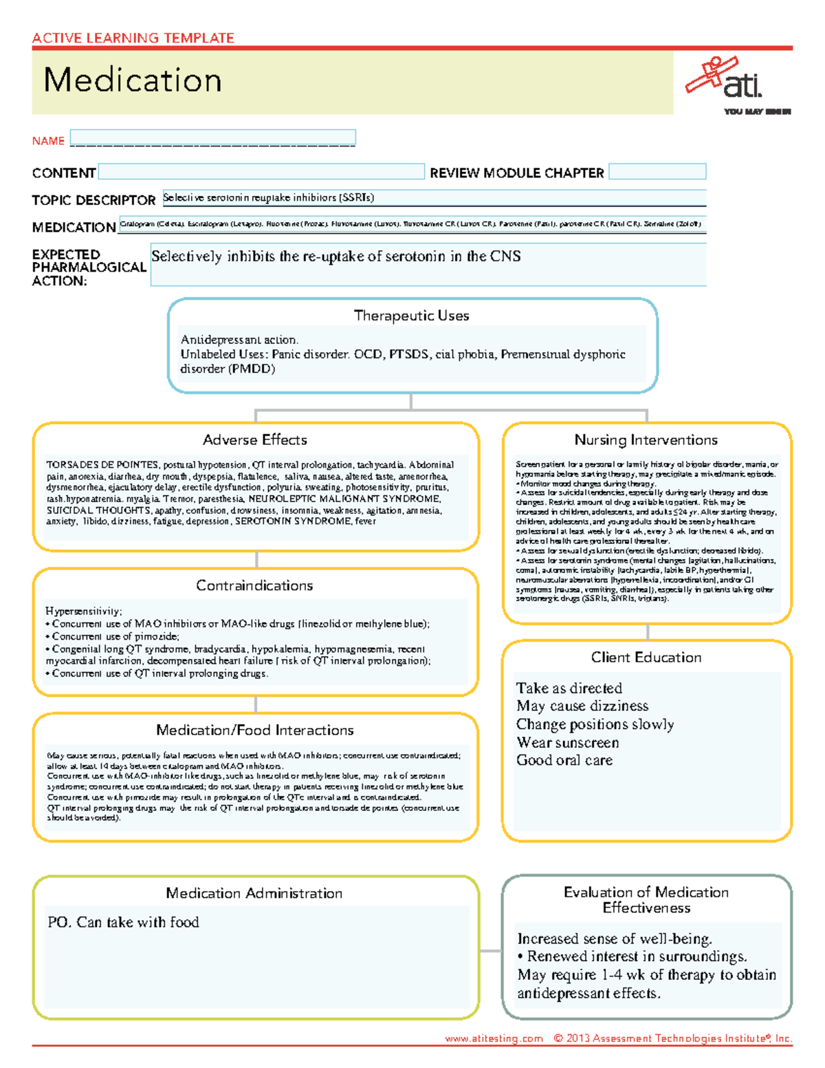 ATI Medication Template: SSRI Review and Nursing Considerations - Studocu