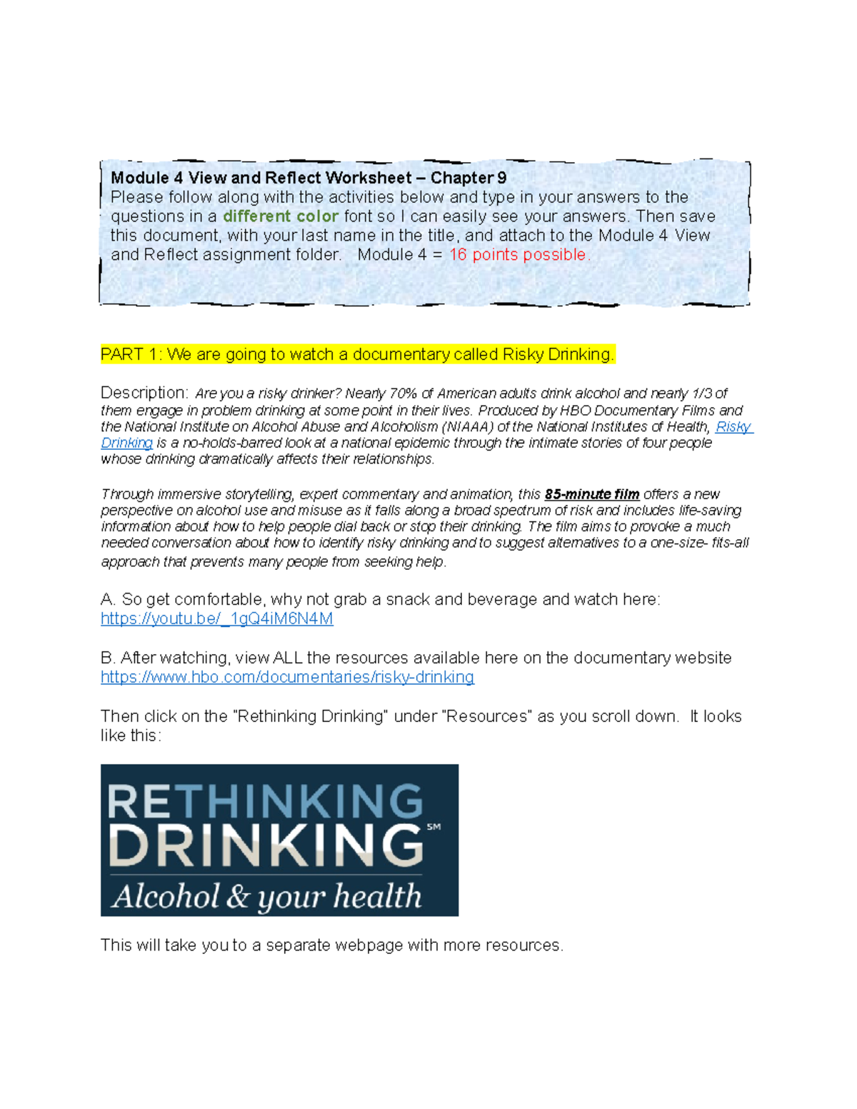 Module 4 Reflective Worksheet on Alcohol Use Disorder and Treatment ...