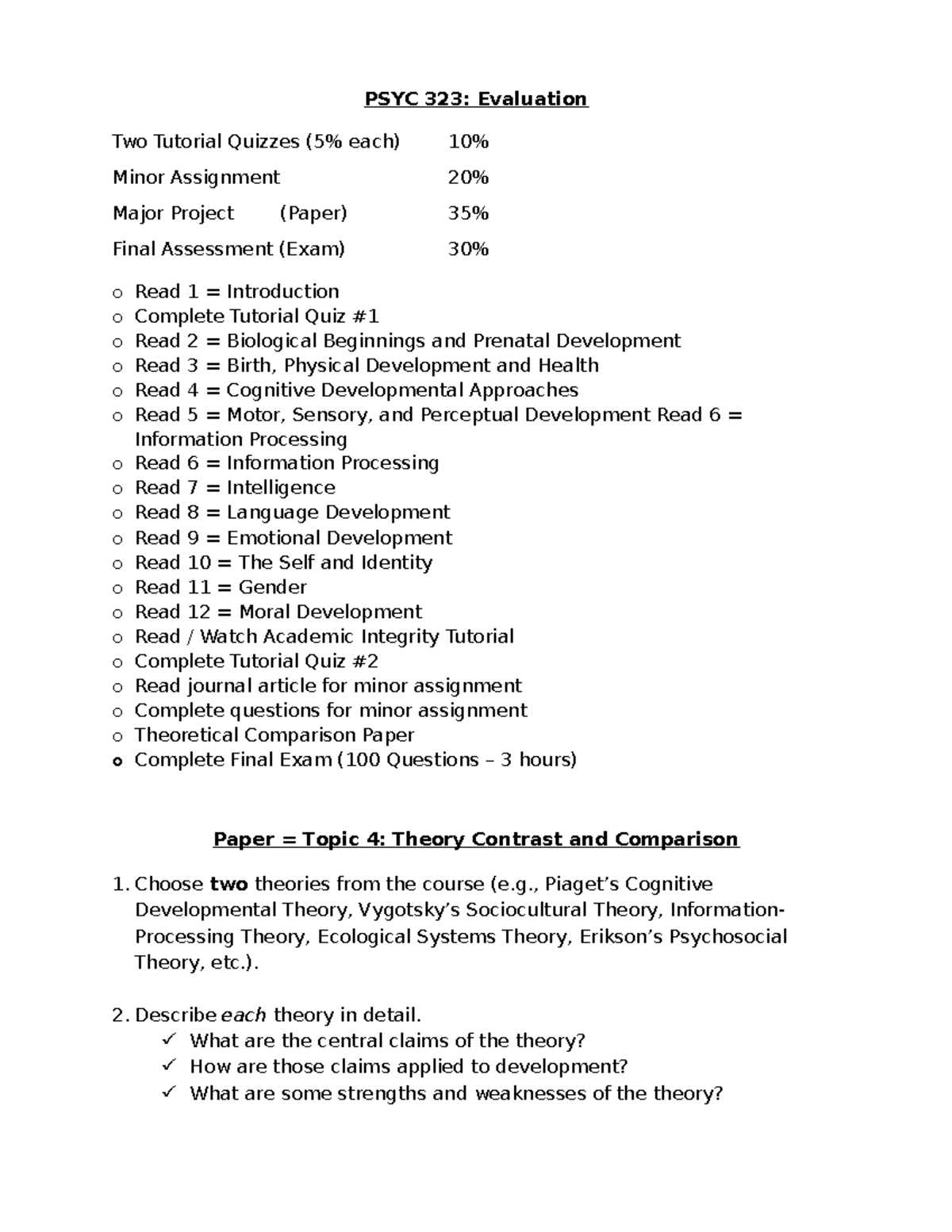 PSYC 323 Evaluation - PSYC 323: Evaluation Two Tutorial Quizzes (5% ...