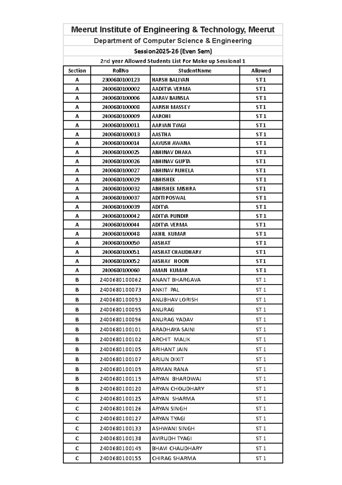Allowed Students List for Makeup Sessional 1 - CSE 2025-26 - Studocu
