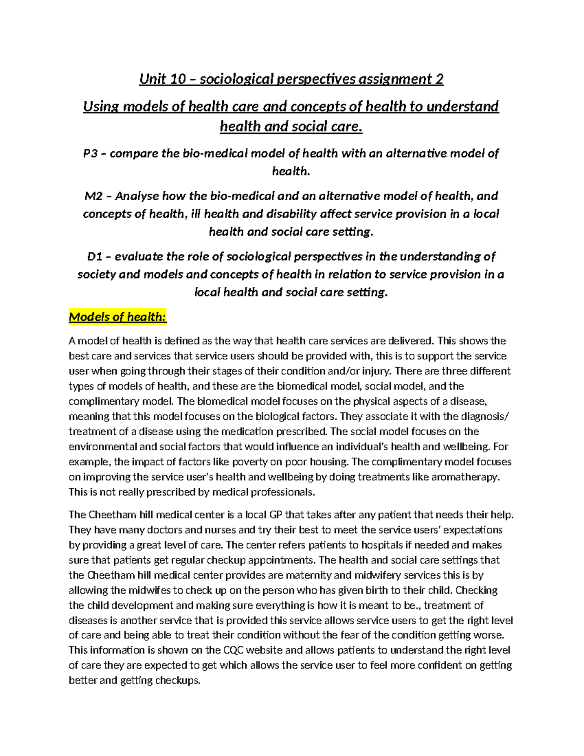 Assignment 2: Sociological Perspectives on Health Models (Health) - Studocu