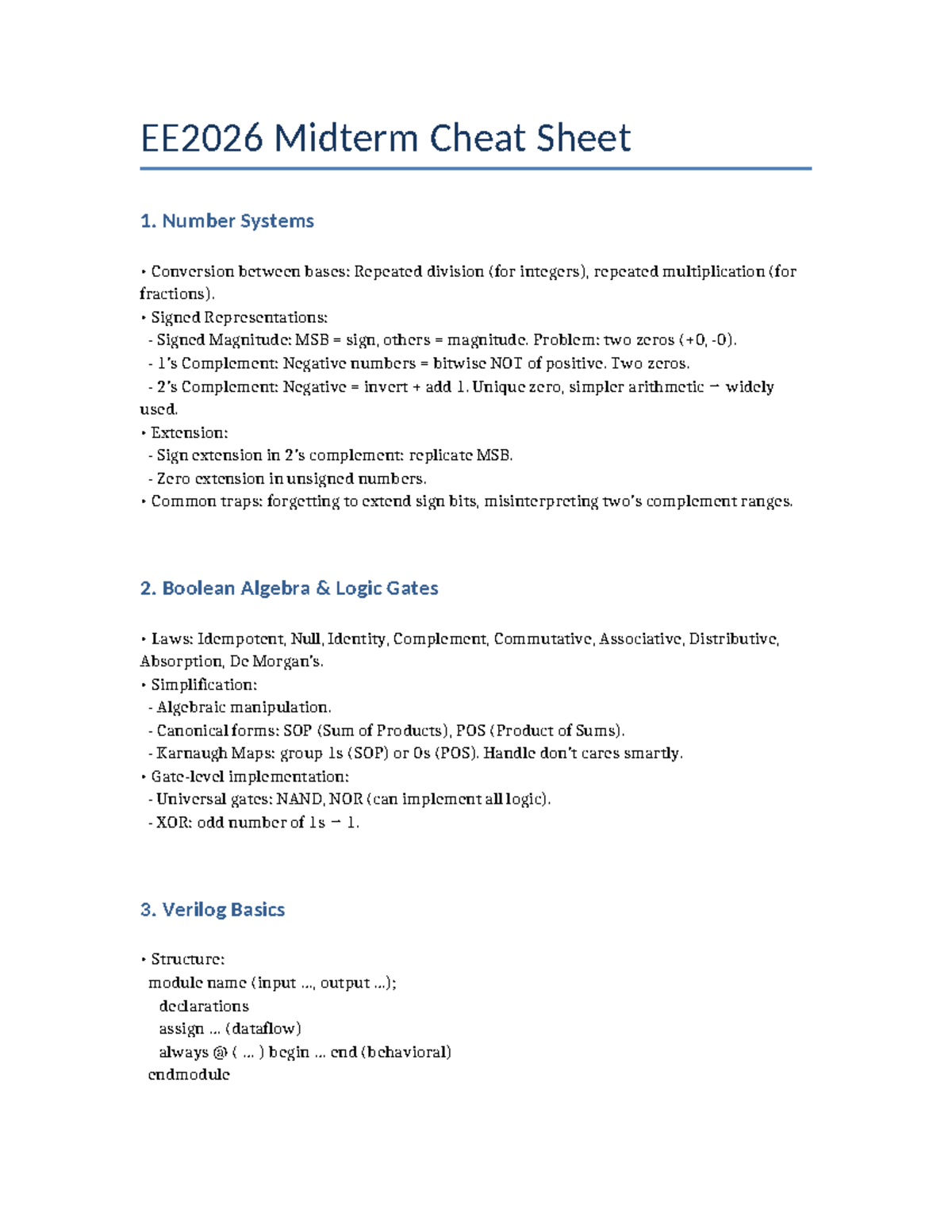 EE2026 Midterm Cheat Sheet: Number Systems & Boolean Algebra - Studocu