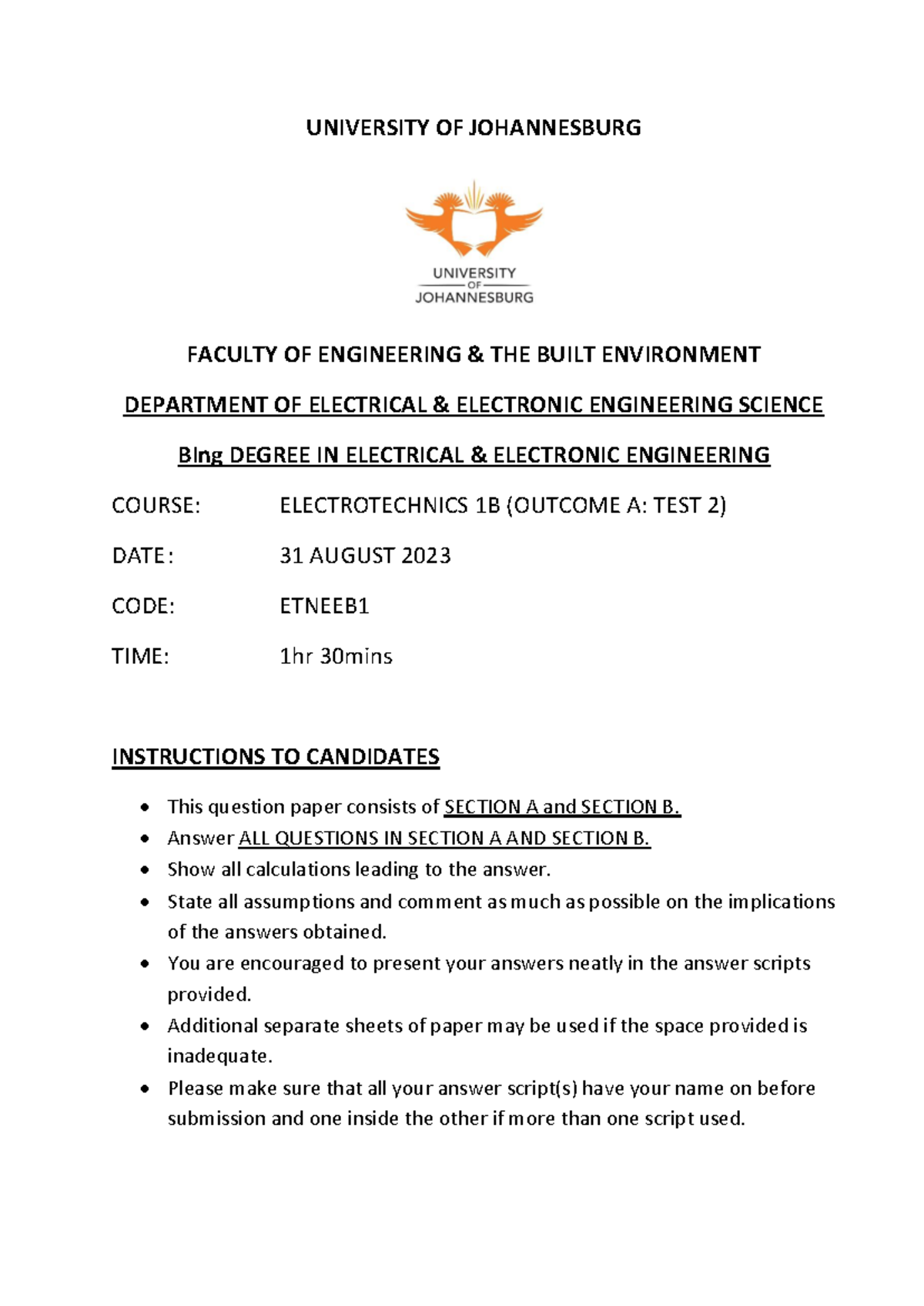 ETNEEB1 Electrotechnics 1B Test 2 Practice Questions 2023 - Studocu