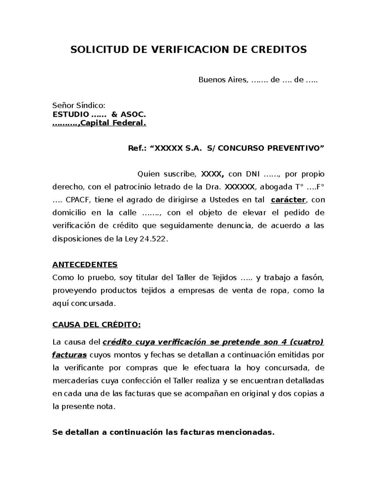 Modelo solicitud de verificacion de creditos facturas - SOLICITUD DE VERIFICACION DE CREDITOS ...