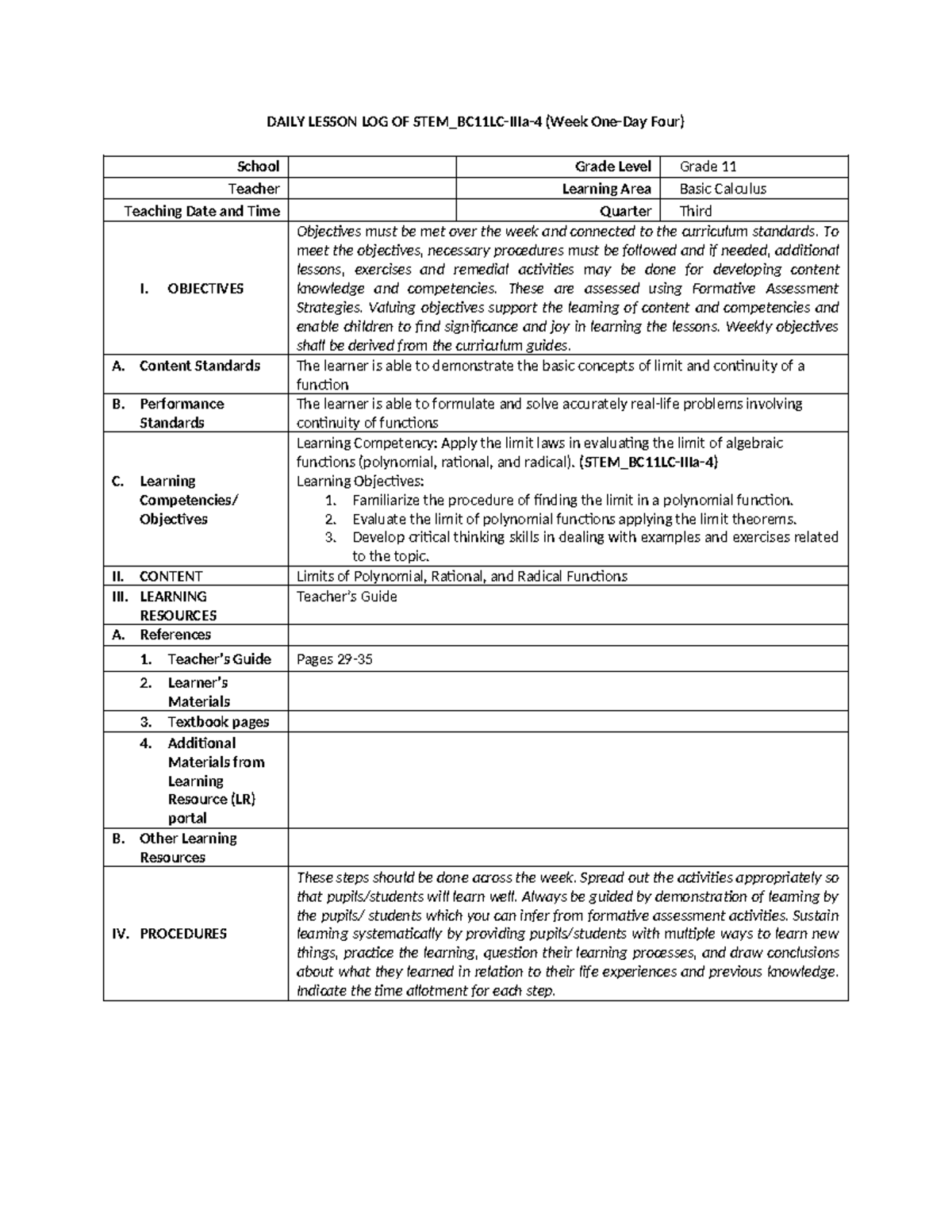 BC III-4: Daily Lesson Log for Grade 11 Basic Calculus (Week 4) - Studocu