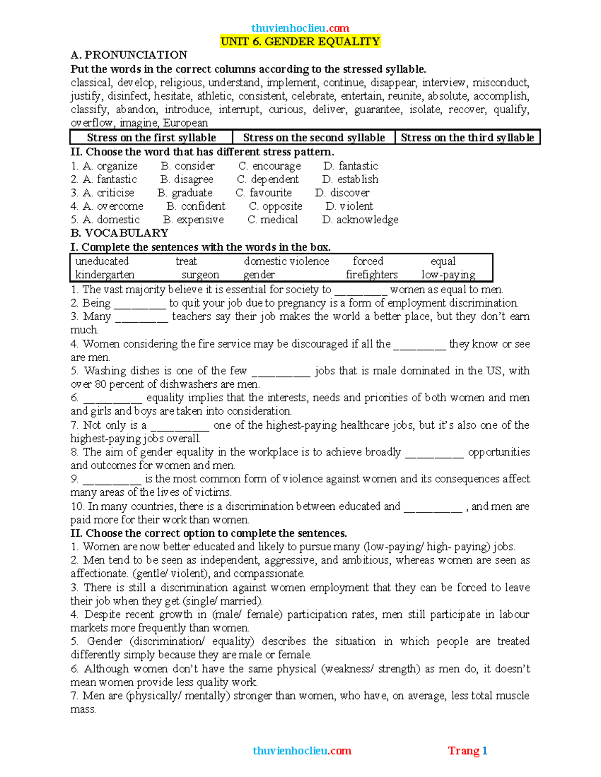 Gender Equality: Pronunciation and Vocabulary Exercises - Tieng Anh 10 ...