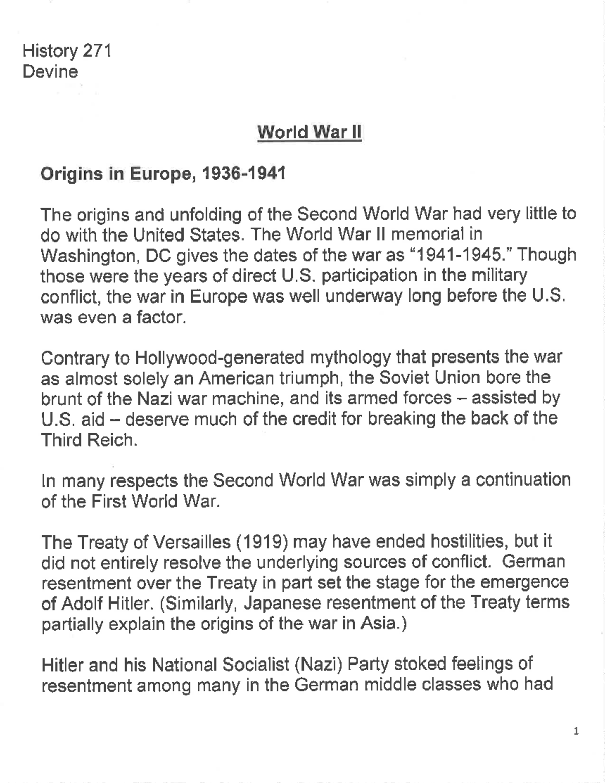 History 271 Final Exam Notes: Origins of World War II in Europe - Studocu