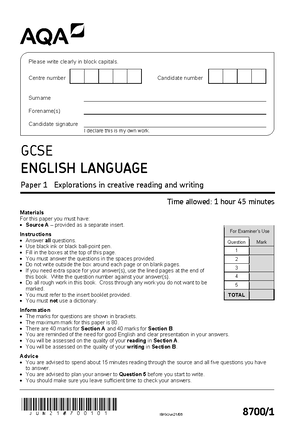 AQA Language P1 - A Past Paper for extra practice. - IB/G/Jun21/E6 8700 ...