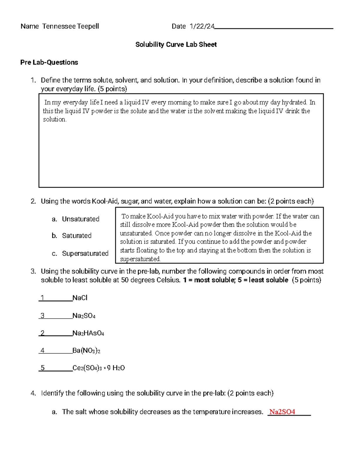 Solubility Curve Lab (Chem 101): Pre Lab Questions & Data Analysis ...