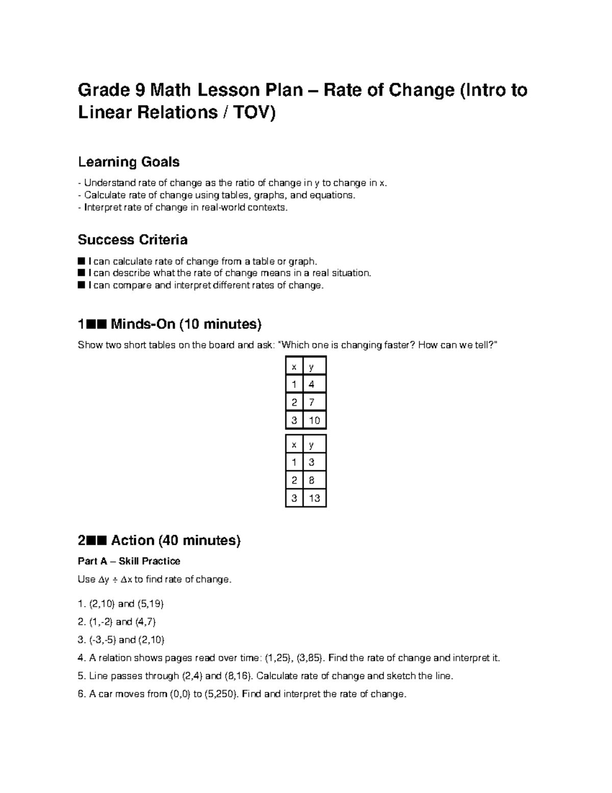 Grade 9 Math Lesson Plan: Rate of Change in Linear Relations - Studocu