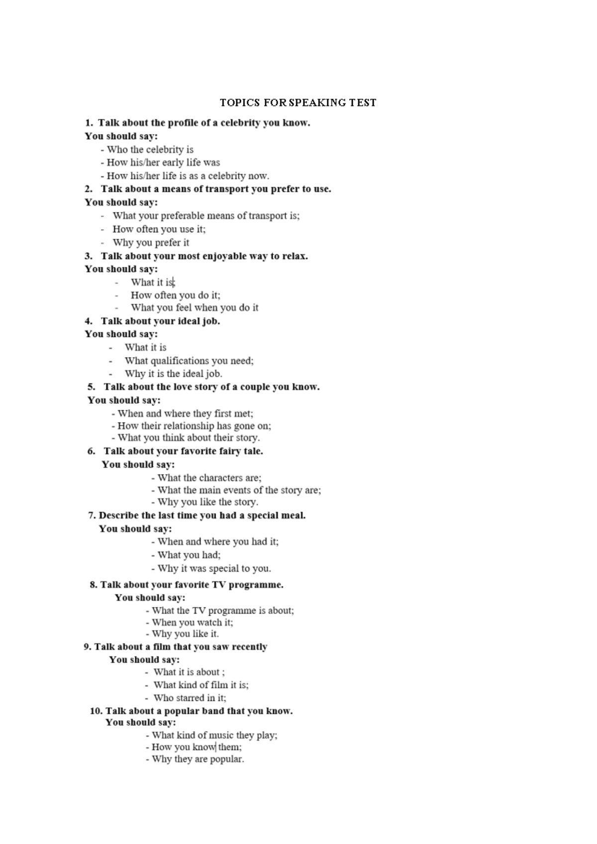 SPEAKING TEST 1 TOPICS: CELEBRITY, TRANSPORT, JOBS & MORE - Studocu