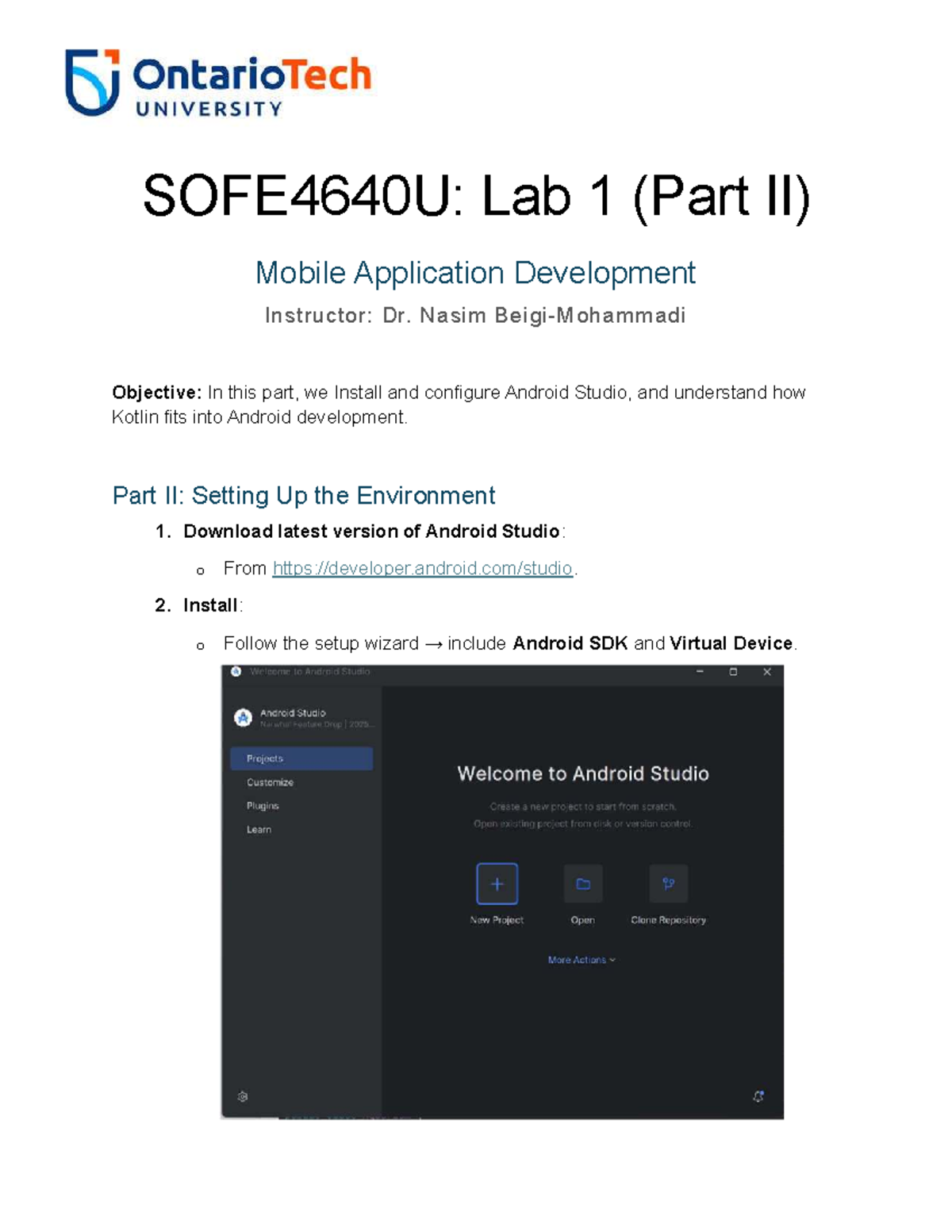 SOFE4640U: Lab 1 Part II - Setting Up Android Studio & Kotlin - Studocu