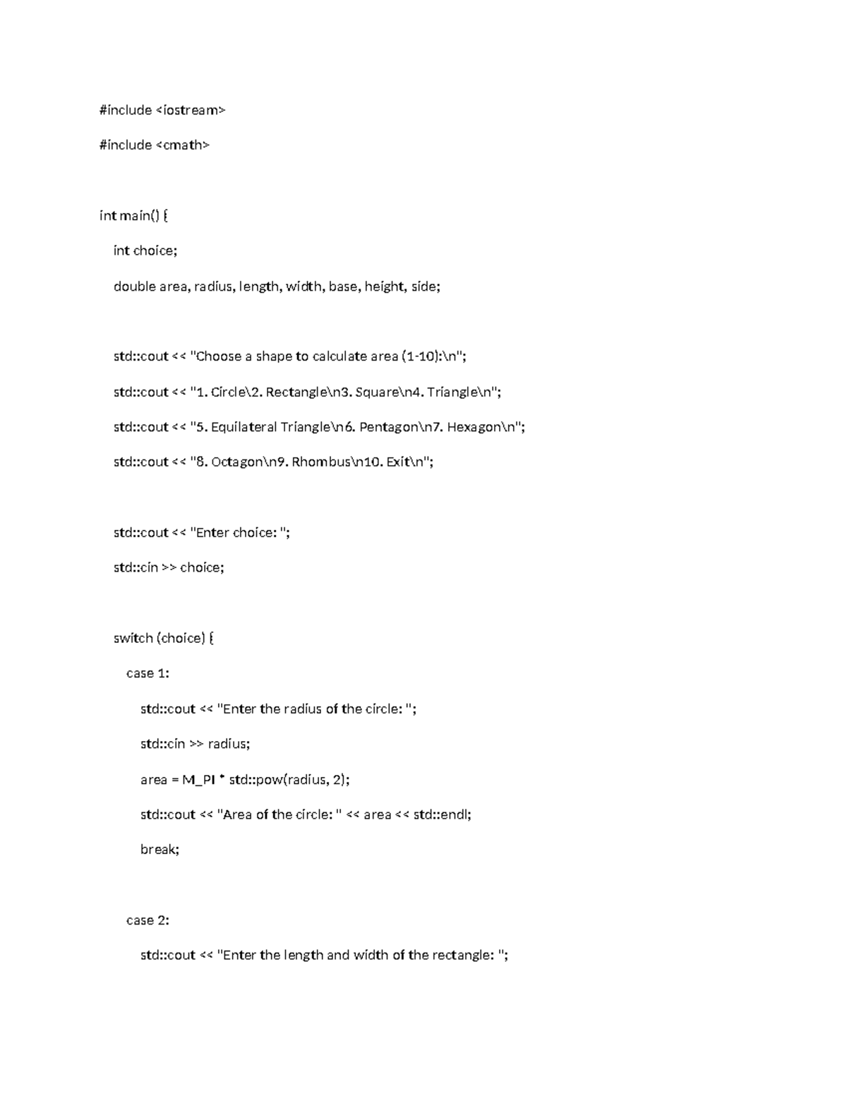 C++ Area Calculation Program - 10codes - Studocu