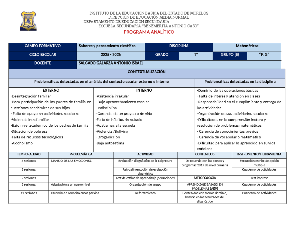 MATE1 - Planeación de Matemáticas para el Ciclo Escolar 2025-2026 - Studocu