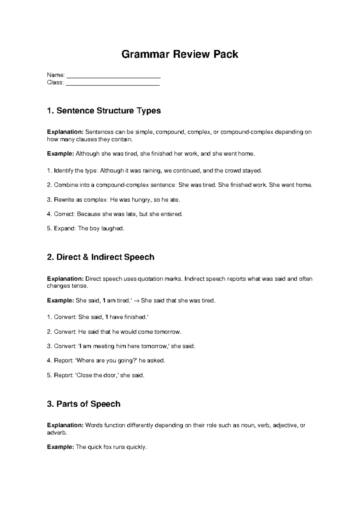 Grammar Review Pack: Sentence Structure & Parts of Speech - Studocu