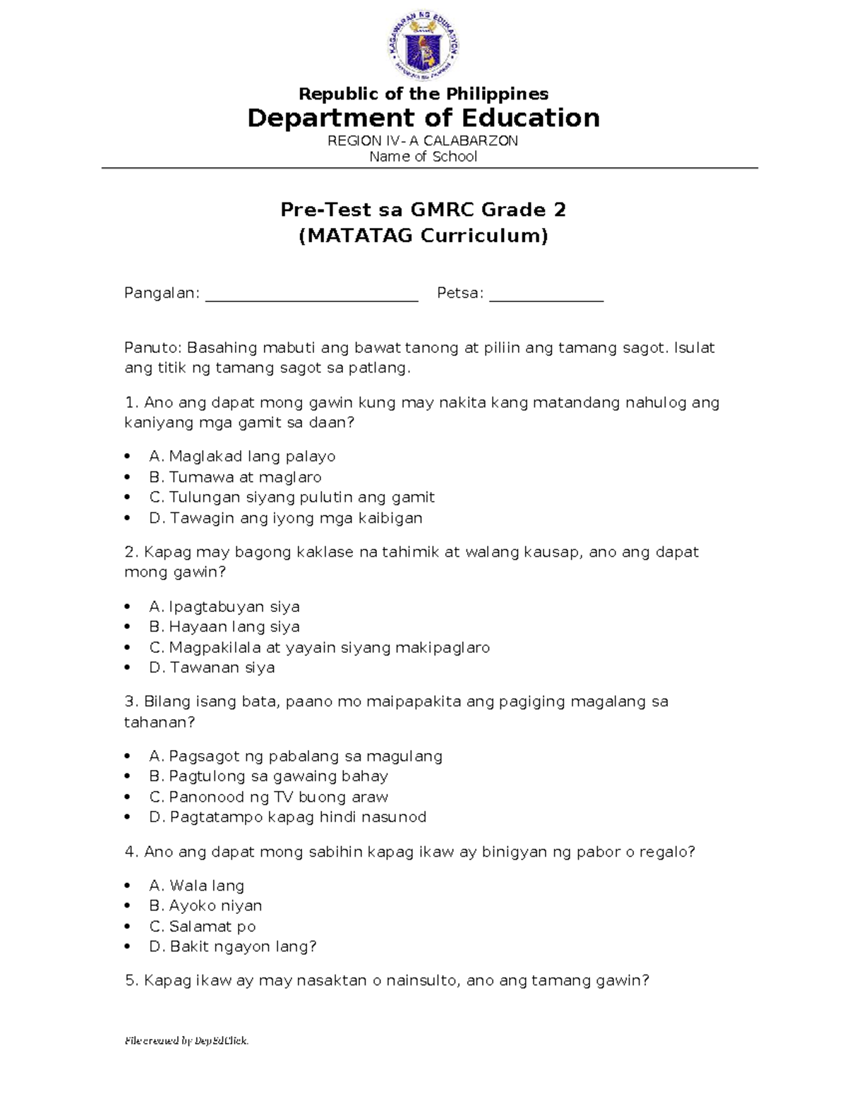 GMRC Grade 2 Pre-Test Questions and Answers (DepEd) - Studocu