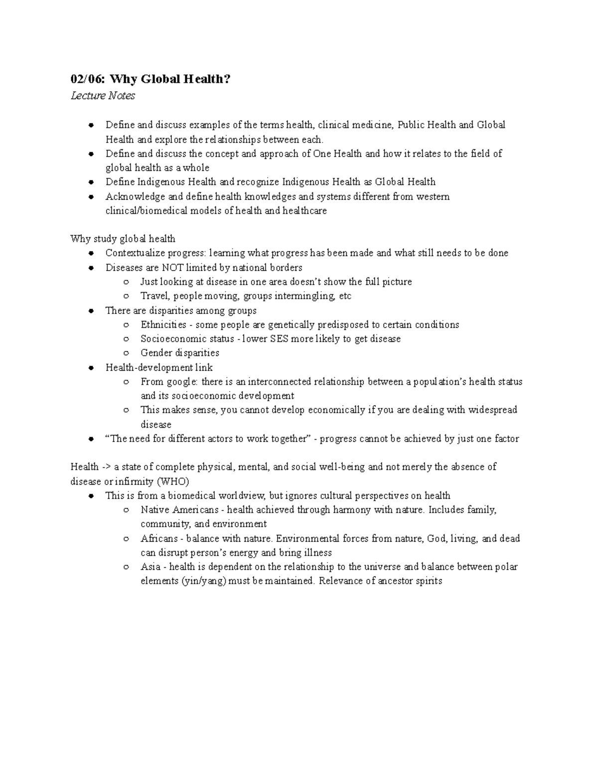 Hbns233 notes for Exam 1 - 02/06: Why Global Health? Lecture Notes ...