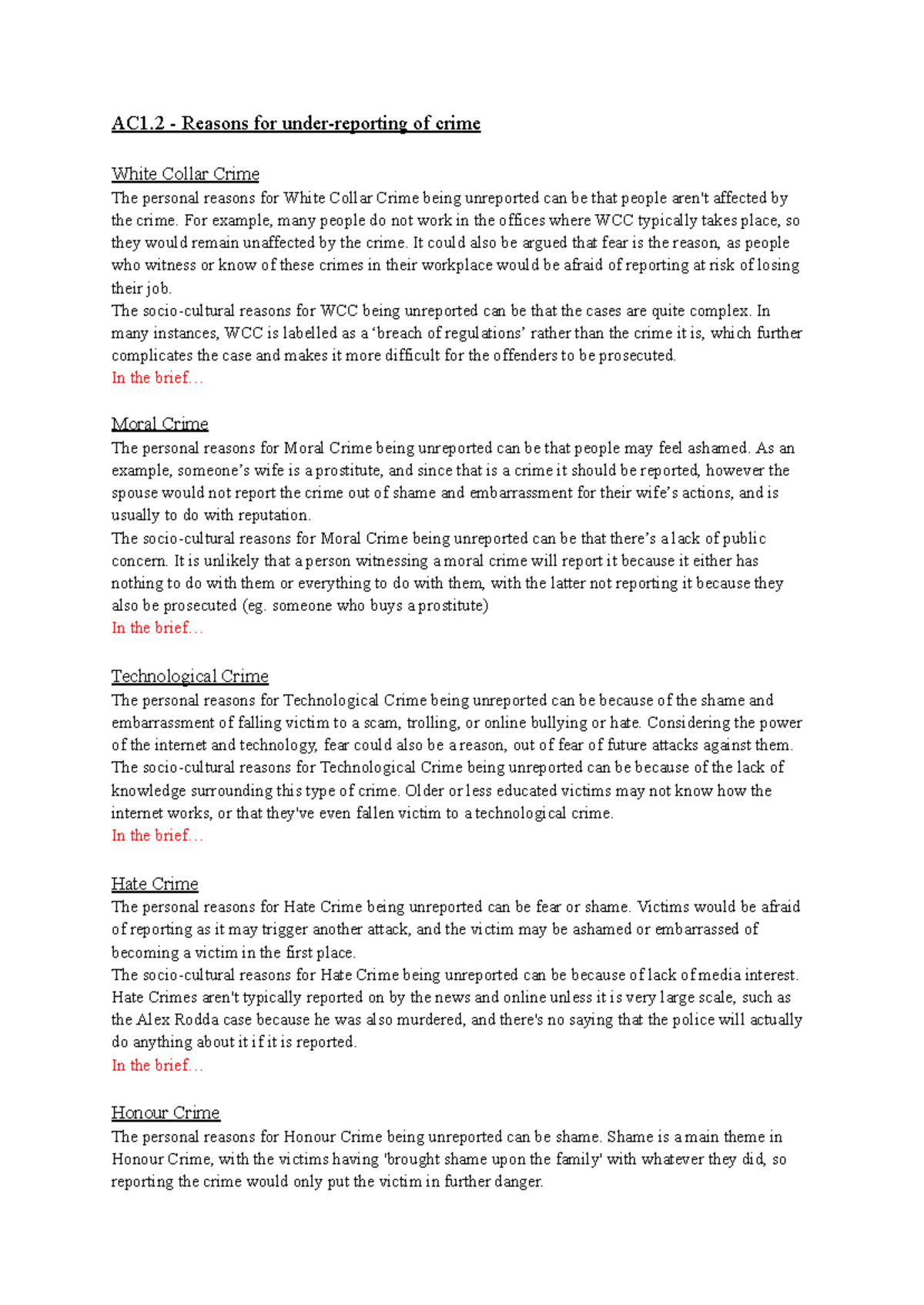 WJEC Criminology Unit 1 AC1.2: Reasons for Under-Reporting Crime - Studocu
