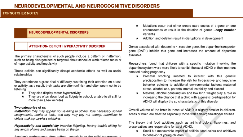 NEURODEVELOPMENTAL & NEUROCOGNITIVE DISORDERS: TOPNOTCHER NOTES - Studocu