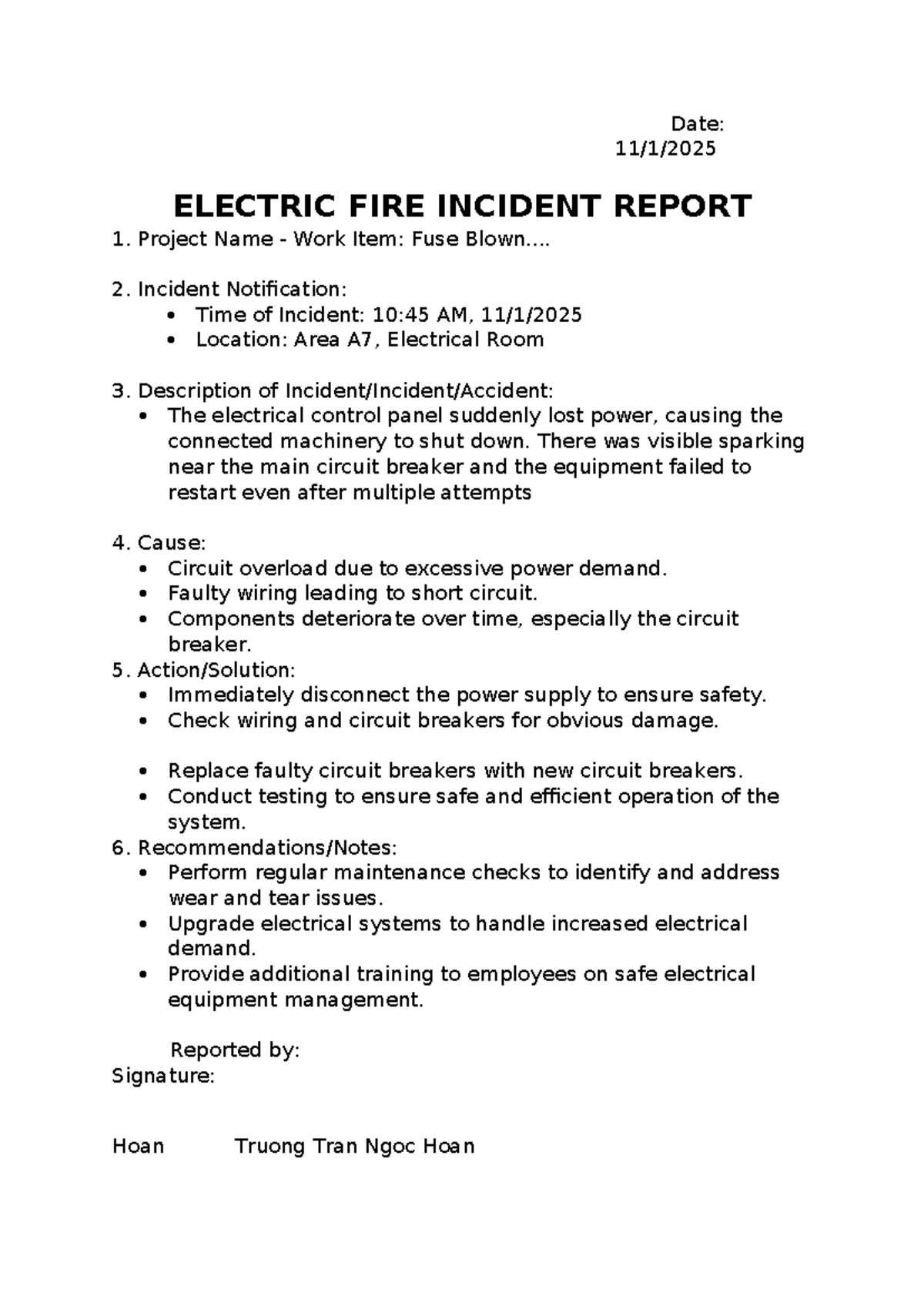 ELECTRIC FIRE INCIDENT REPORT: Fuse Blown & Safety Measures - Studocu