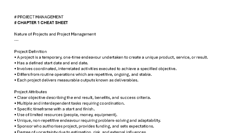 PROJECT MANAGEMENT CHAPTER 1-5 CHEAT SHEET: Key Concepts and Definitions - Studocu