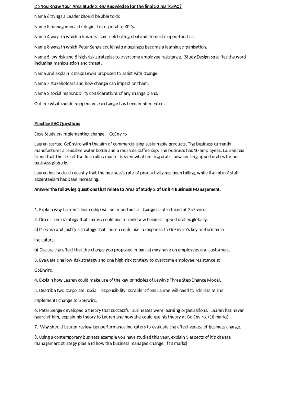 Unit 4 AOS 2 Key Knowledge Test: Leadership & Change Management ...
