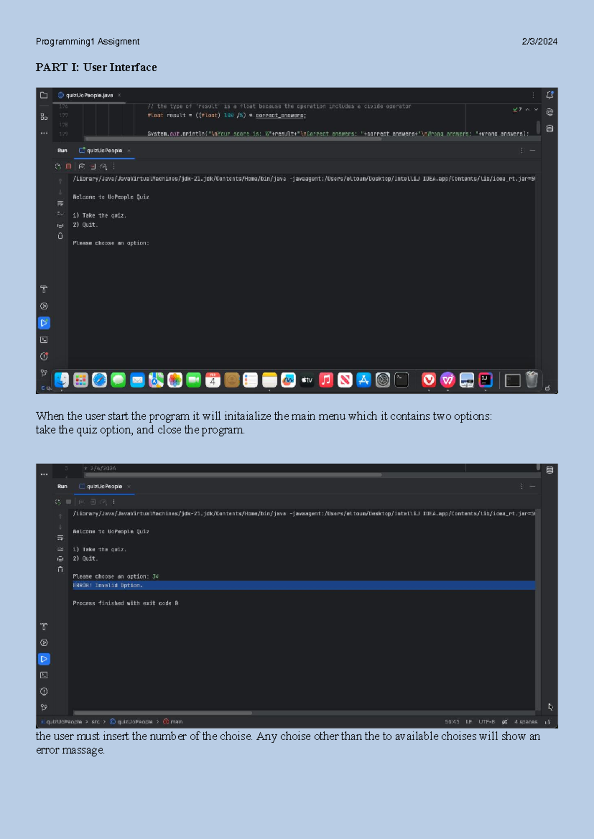 Programming 1 Assignment: Quiz UI and Code Explanation - Studocu